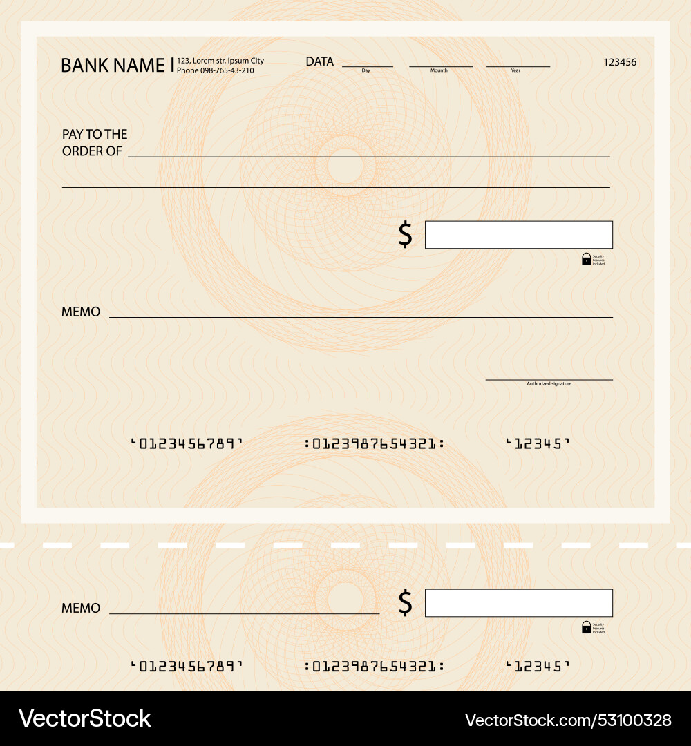 Bank cheque with guilloche pattern and place Vector Image