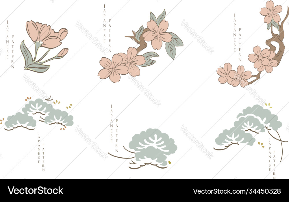 Japanese elements icons with hand drawn natural Vector Image