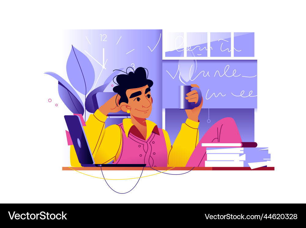 Man chilling and drink coffee at workplace Vector Image
