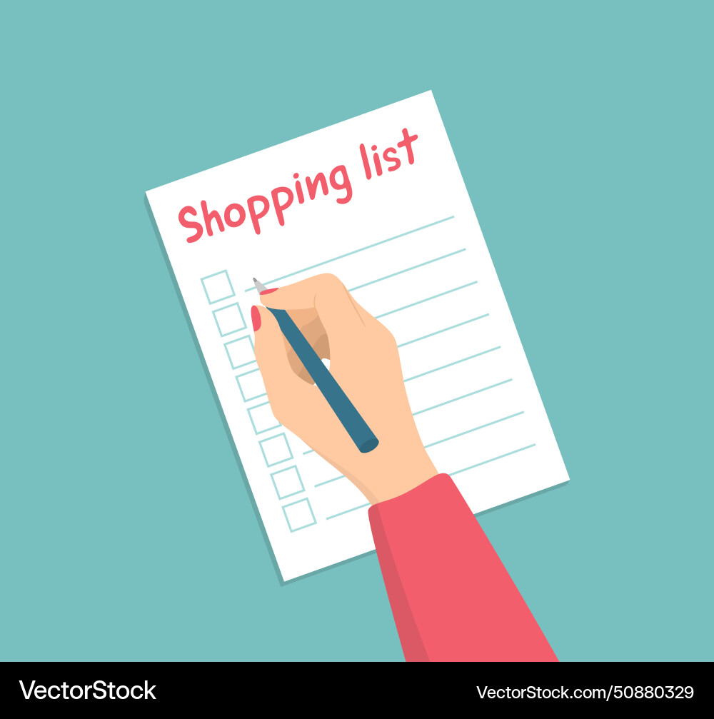 A womans hand writing shopping list flat Vector Image