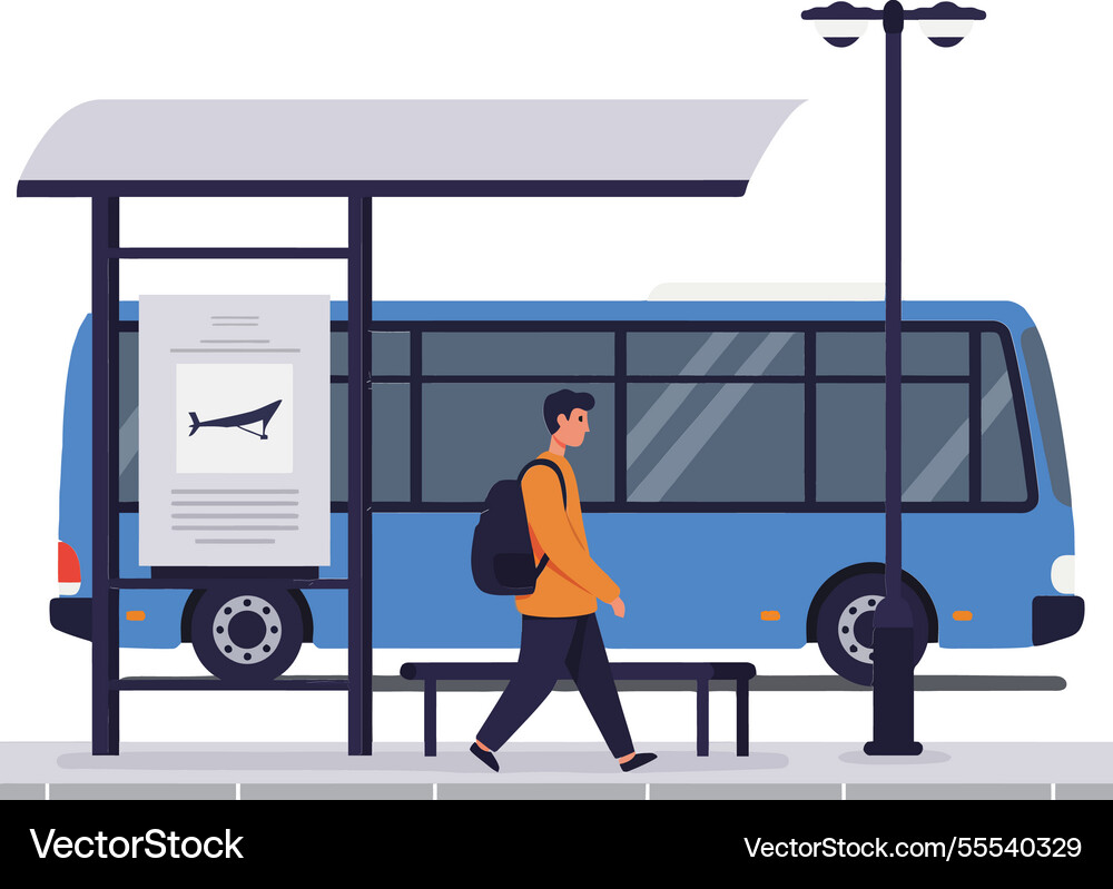 Bus stop scene featuring a man walking minimal Vector Image
