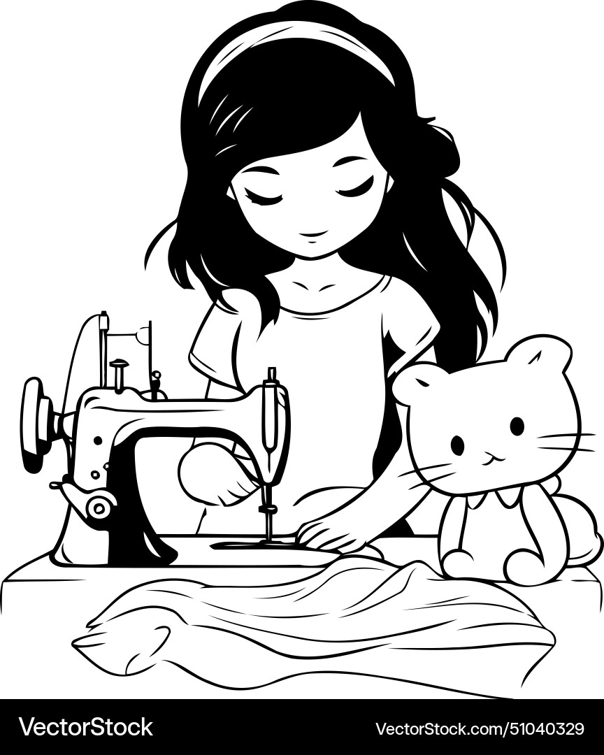 Little girl sewing with a machine Royalty Free Vector Image