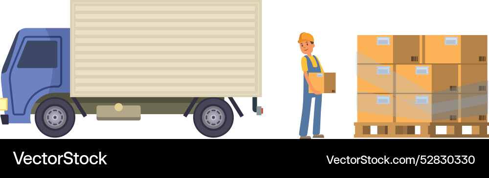 Shipping truck loading worker carry cardboard box Vector Image