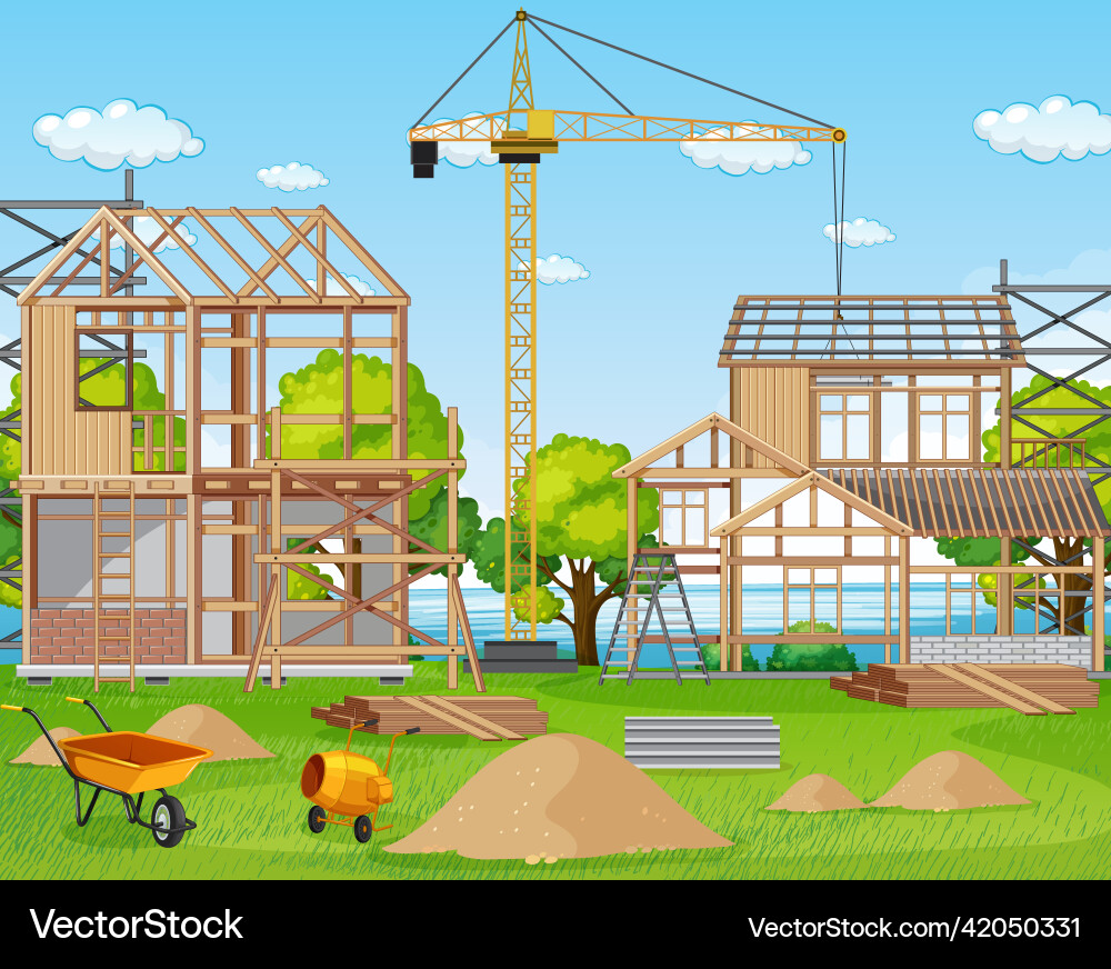 Cartoon scene of building construction site Vector Image