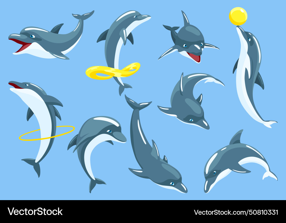 Dolphin cartoon characters set isolated on white Vector Image