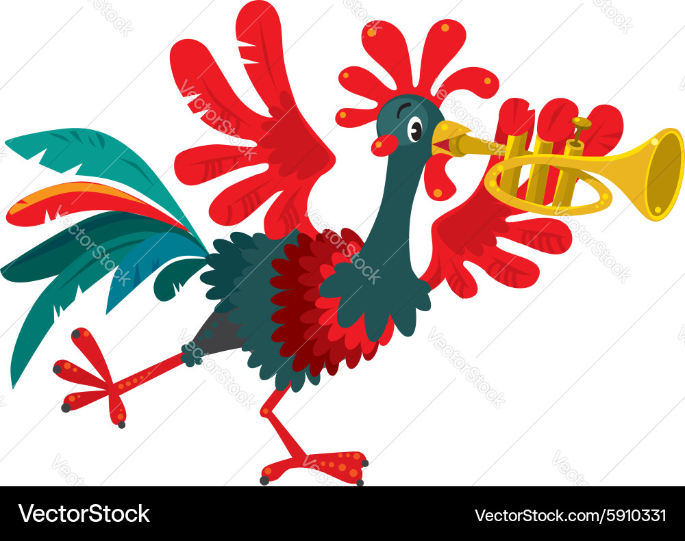 Funny rooster plays the trumpet Royalty Free Vector Image