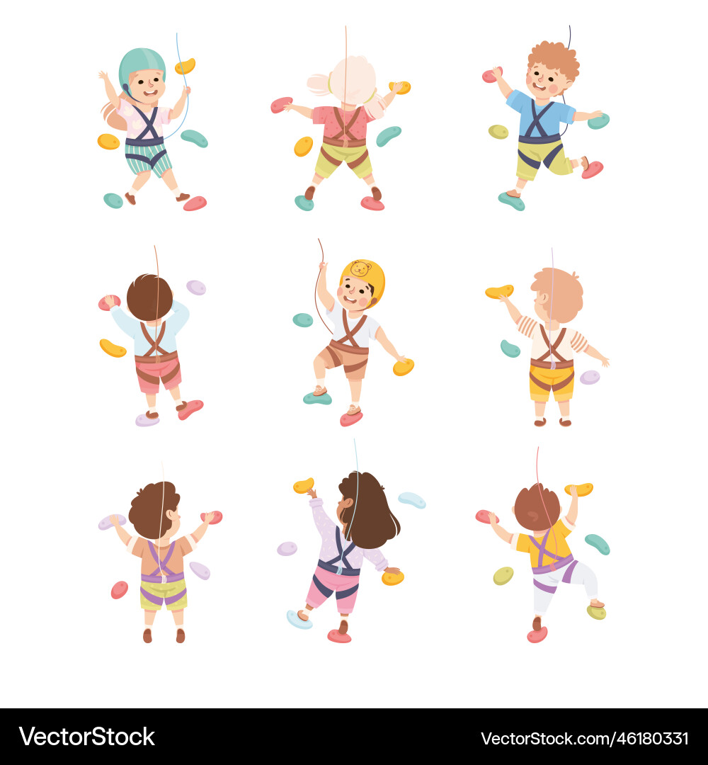 Happy kids climbing wall crawling up equipped Vector Image