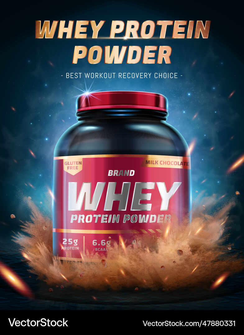 Whey protein powder ad poster Royalty Free Vector Image