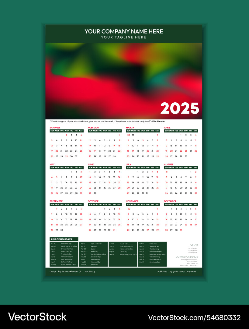 Beautiful one page calendar design 2025 Royalty Free Vector