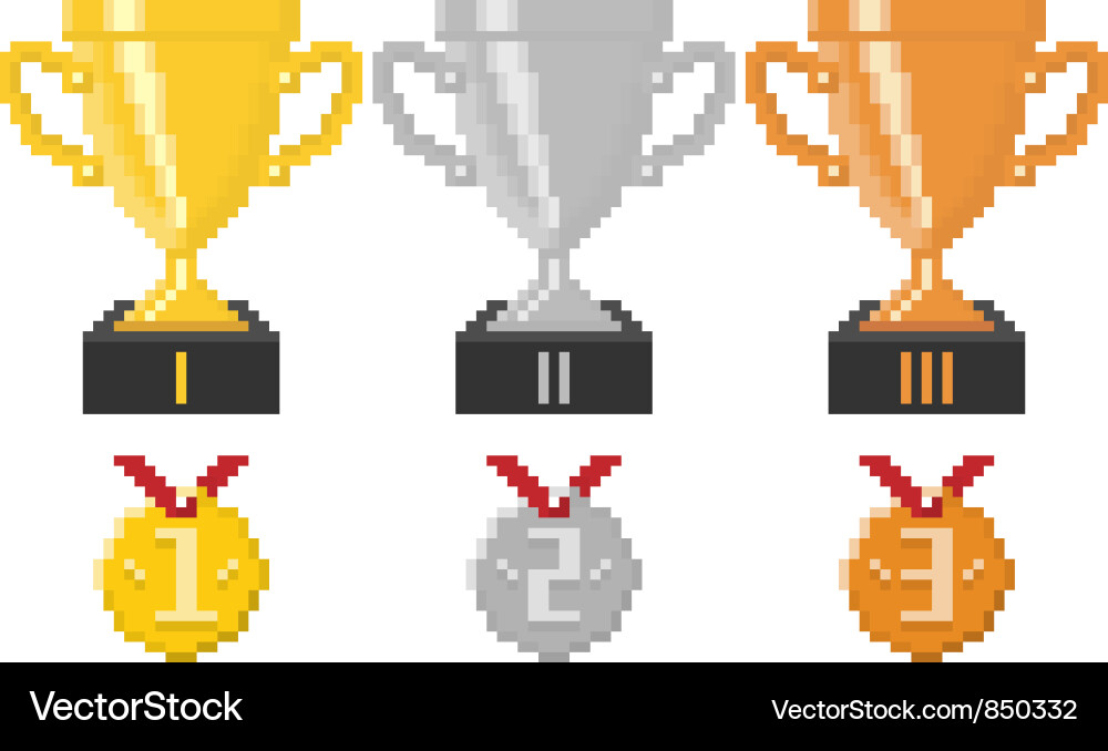 Pixel trophy cups and medals Royalty Free Vector Image