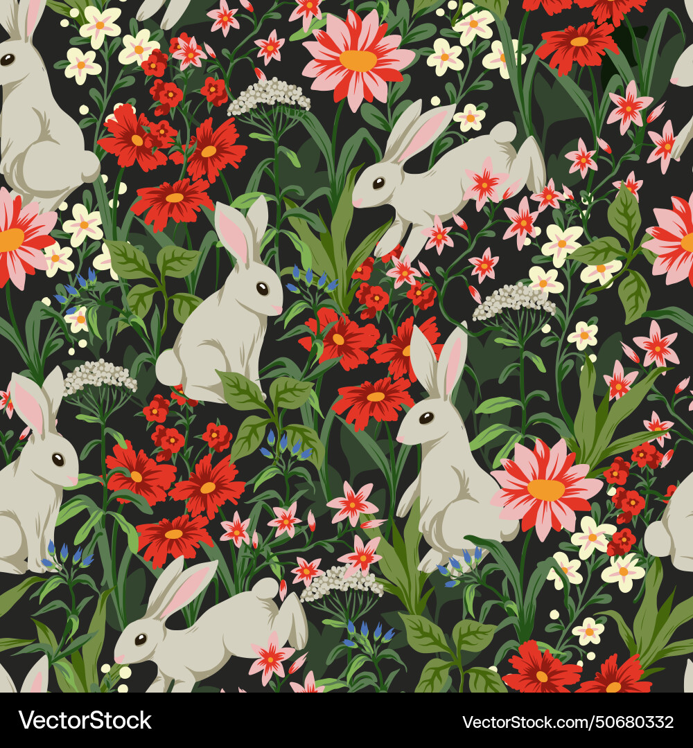 Seamless pattern with cute white rabbits Vector Image