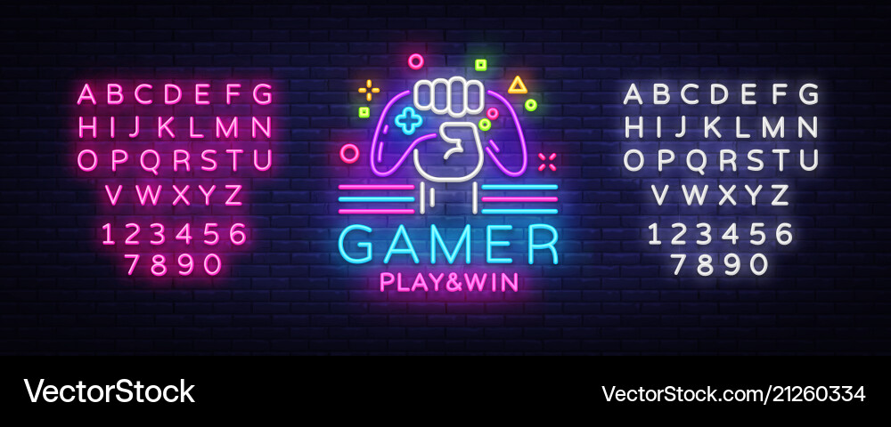 Gamer play win logo neon sign design Royalty Free Vector