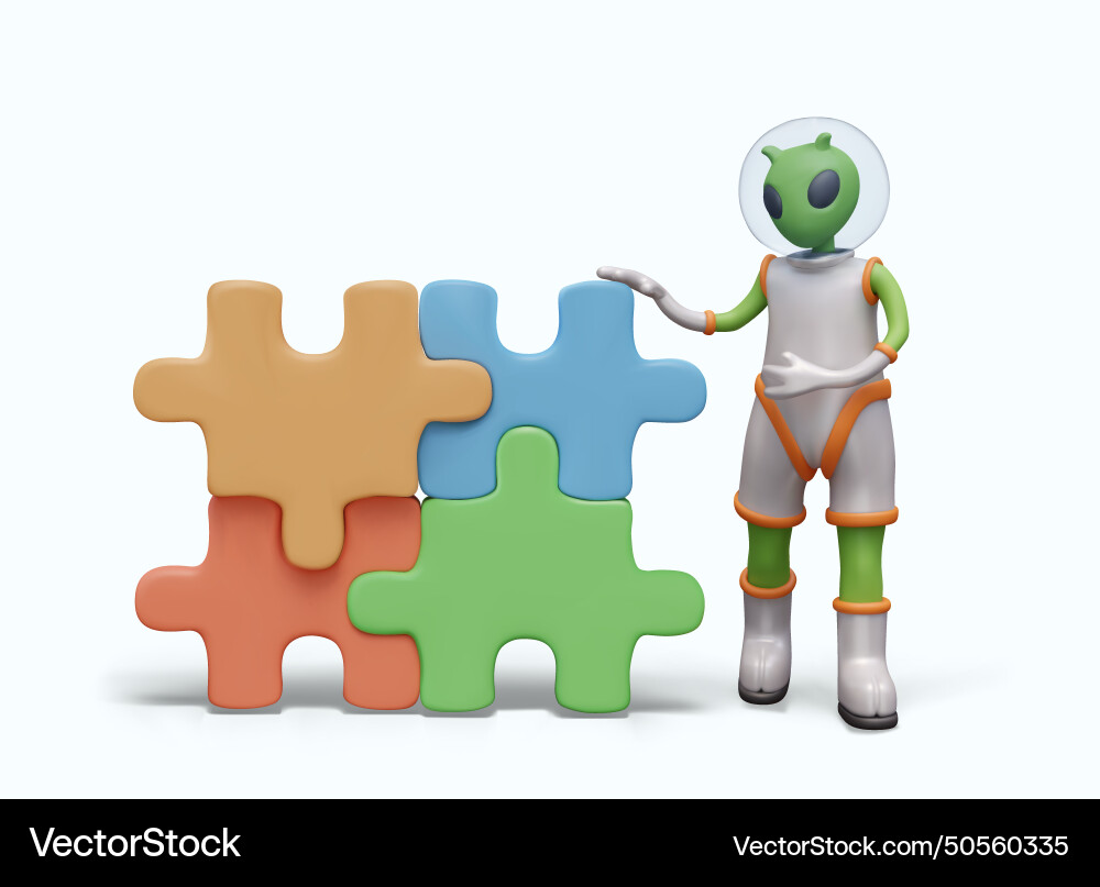 Alien in space suit stands near colored puzzles Vector Image