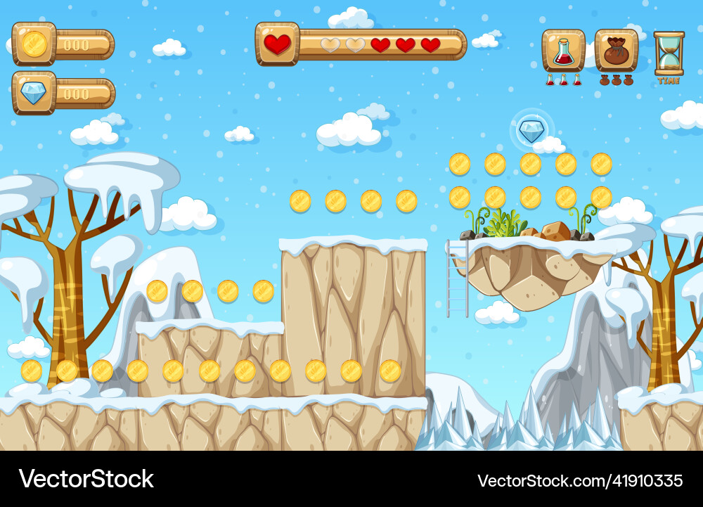 Game template snow falling scene Royalty Free Vector Image