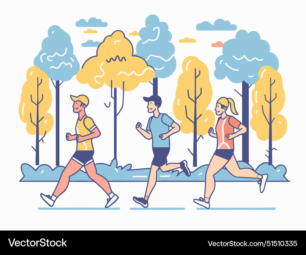 Group young adults jogging through park two men Vector Image