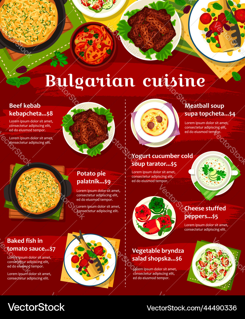 Bulgarian cuisine restaurant meals menu template Vector Image
