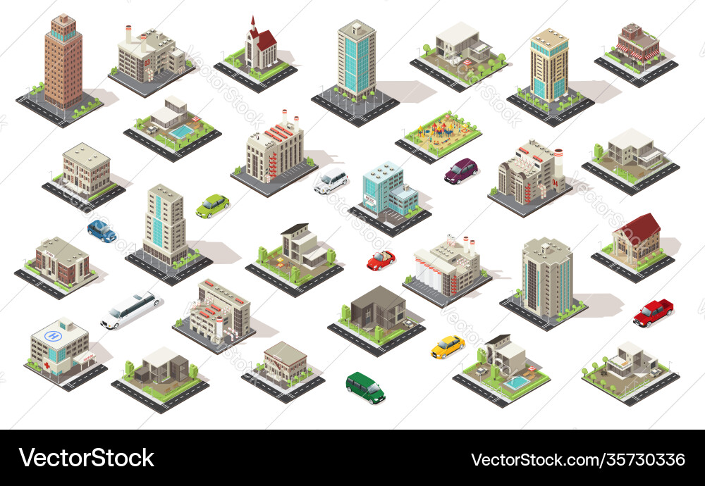 Isometric city elements collection Royalty Free Vector Image