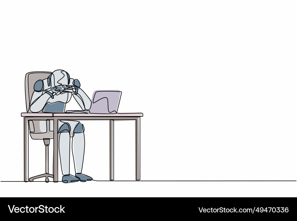 Single one line drawing frustrated robot in doubt Vector Image