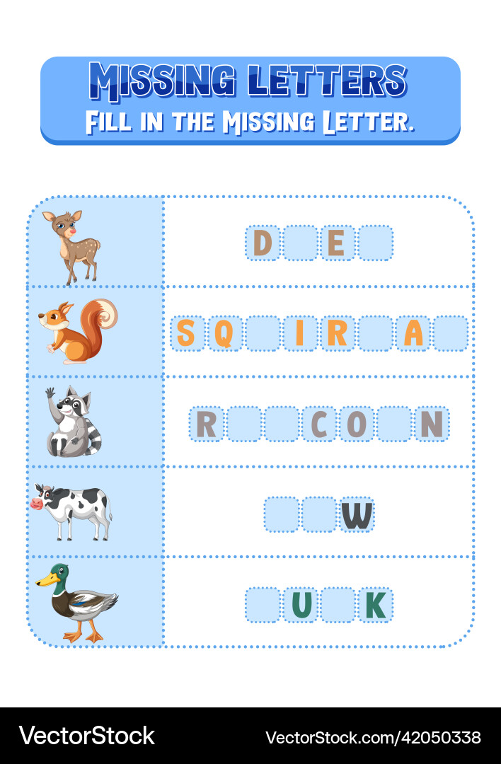 Fill the missing letter of each word worksheet Vector Image