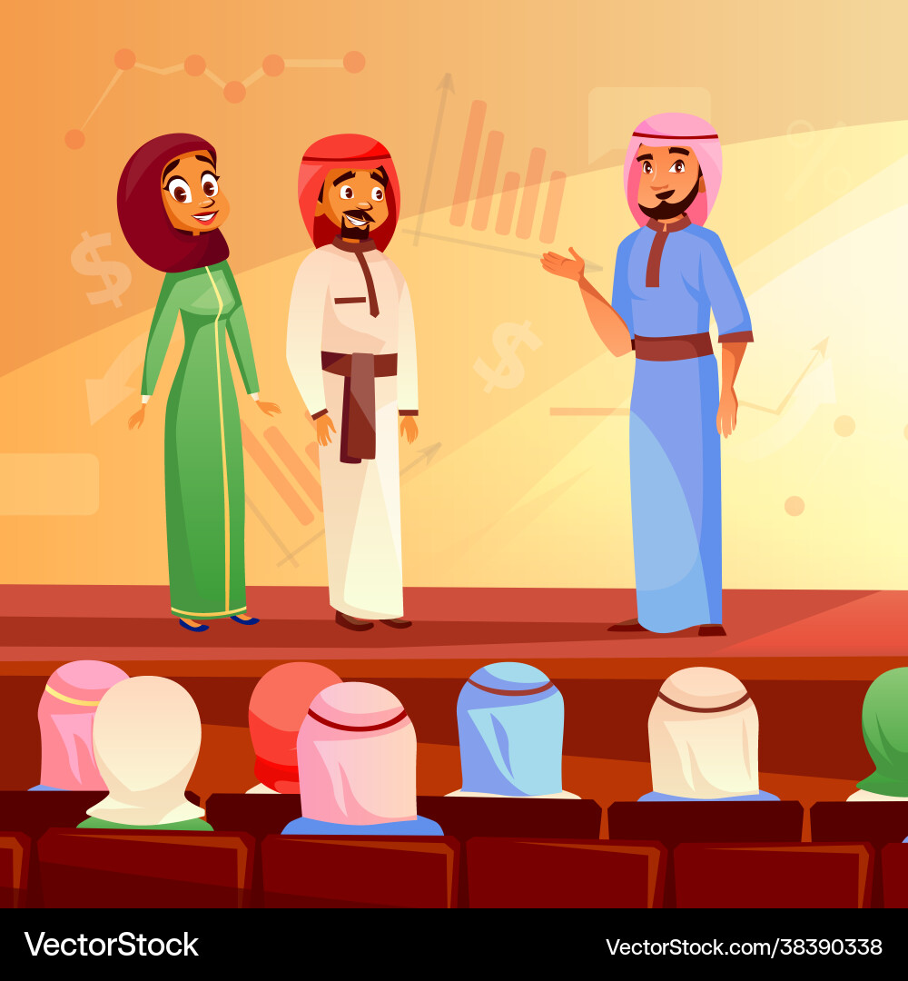 Muslim people conference cartoon Royalty Free Vector Image
