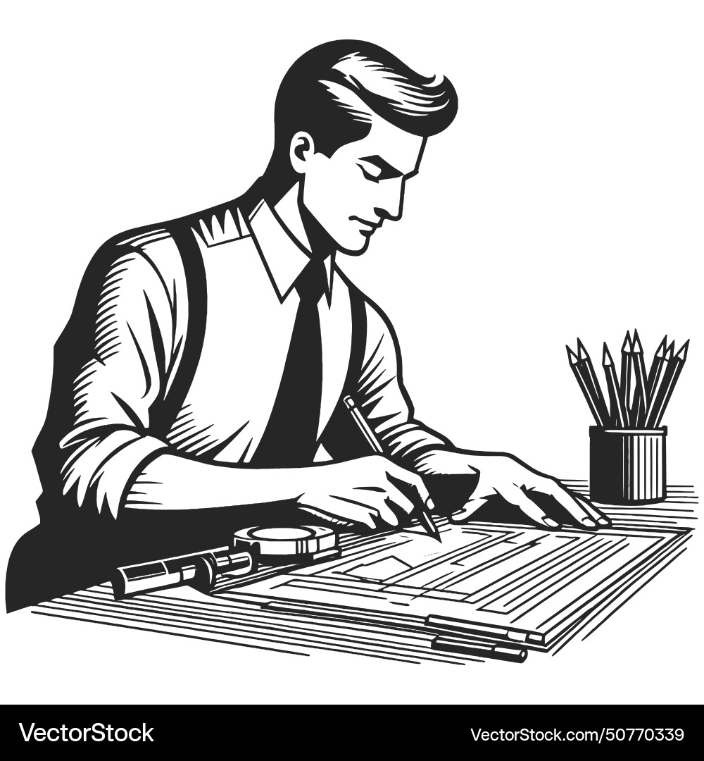 Architect drafting blueprint engraving Royalty Free Vector