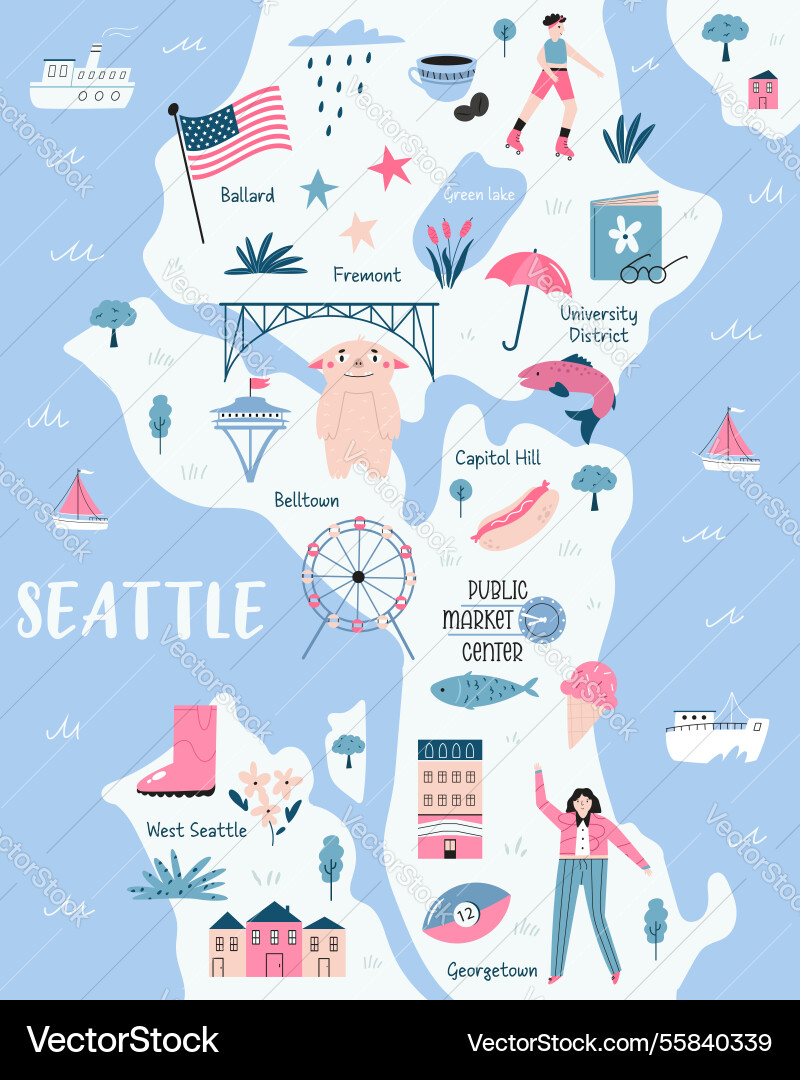 Map of seattle usa with landmarks Royalty Free Vector Image
