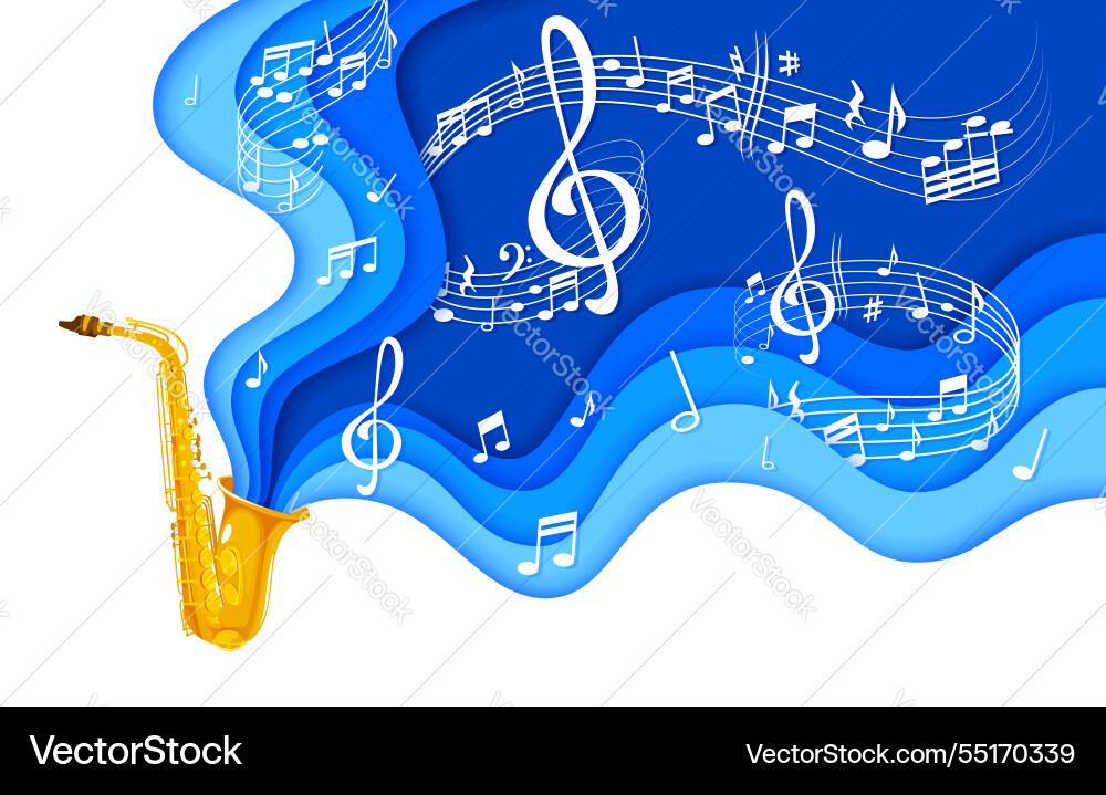 Paper cut saxophone musical background with notes Vector Image