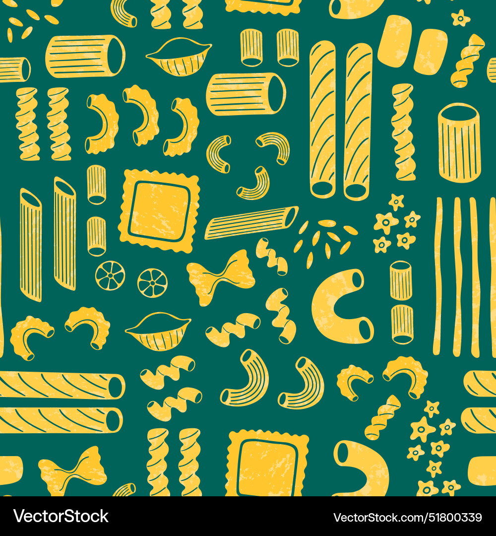 Pasta types seamless pattern on green background Vector Image