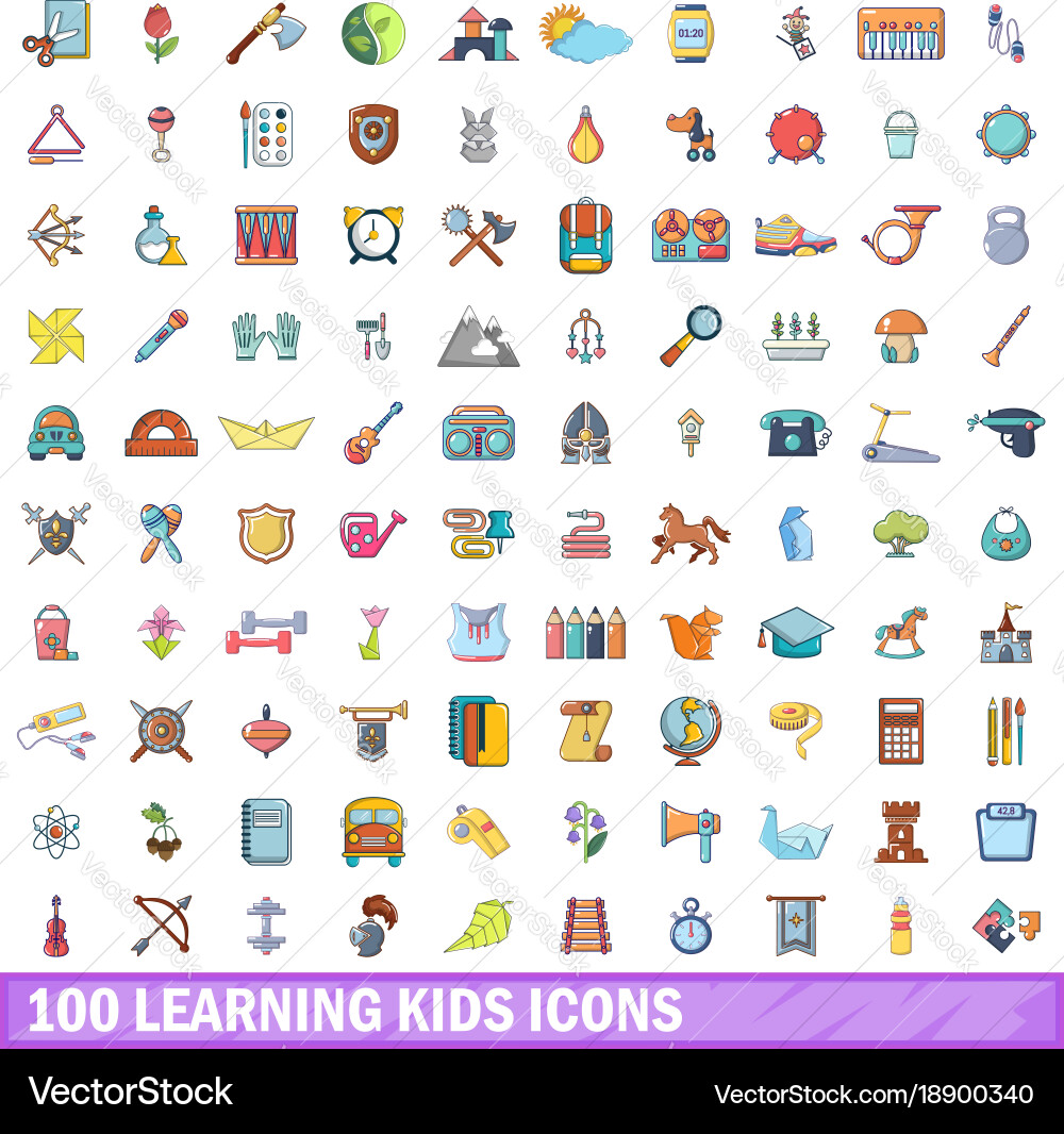 100 lernen Kindersymbole setzen Cartoon Stil Vektorbild