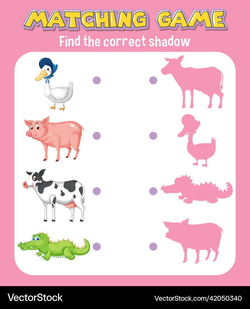 Animal Shadow Matching Worksheet Royalty Free Vector Image