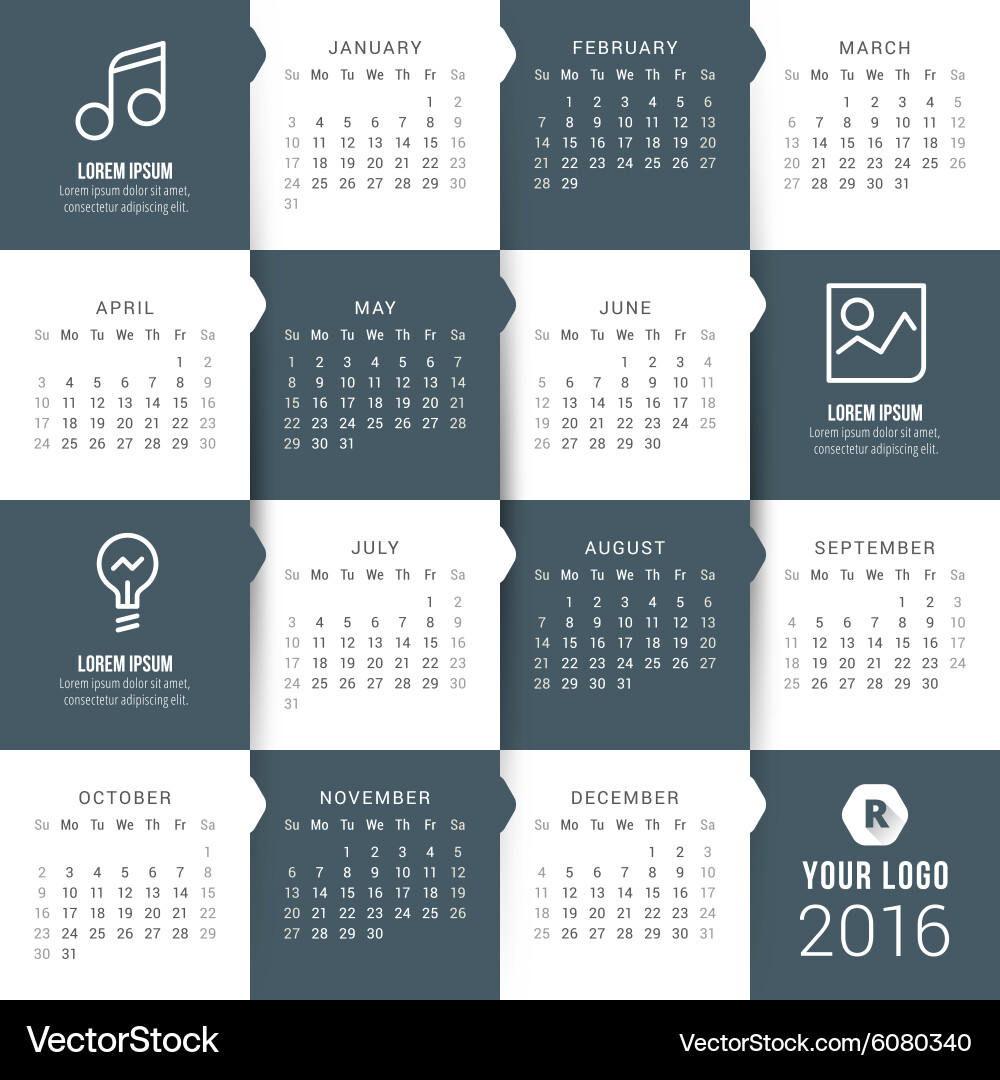 Calendar template 2016 week starts sunday Vector Image