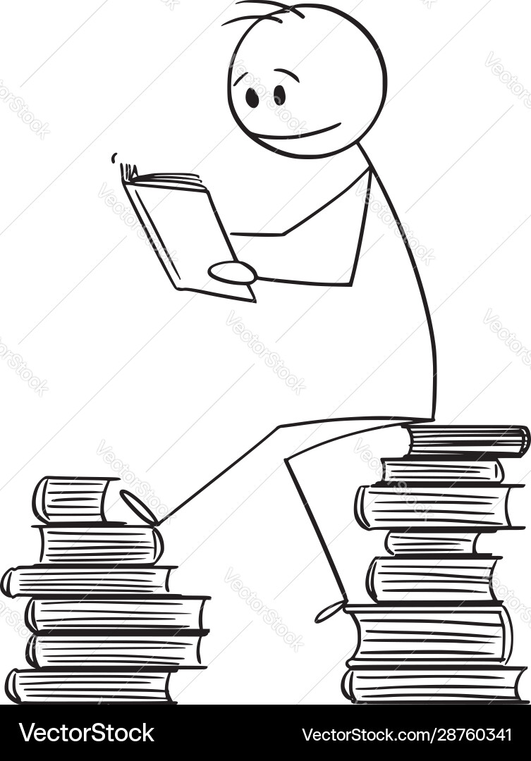 Cartoon man sitting on pile books Royalty Free Vector Image