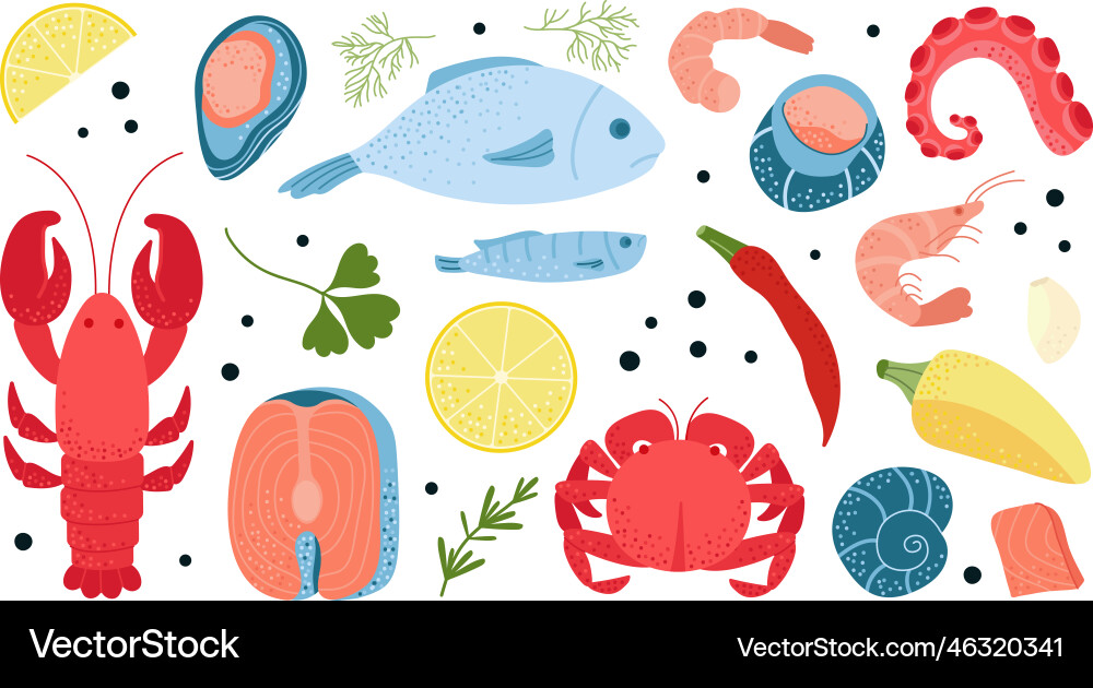 Seafood cartoon flat product drawn lobster Vector Image