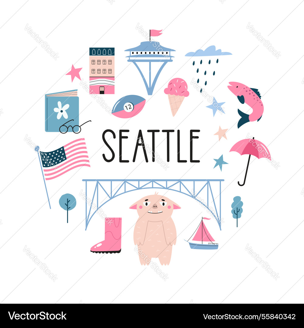 Colorful emblem design with seattle landmarks and Vector Image