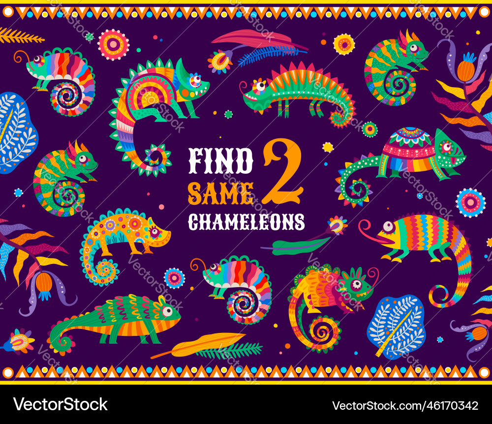 Find two same mexican chameleon lizards kids game Vector Image