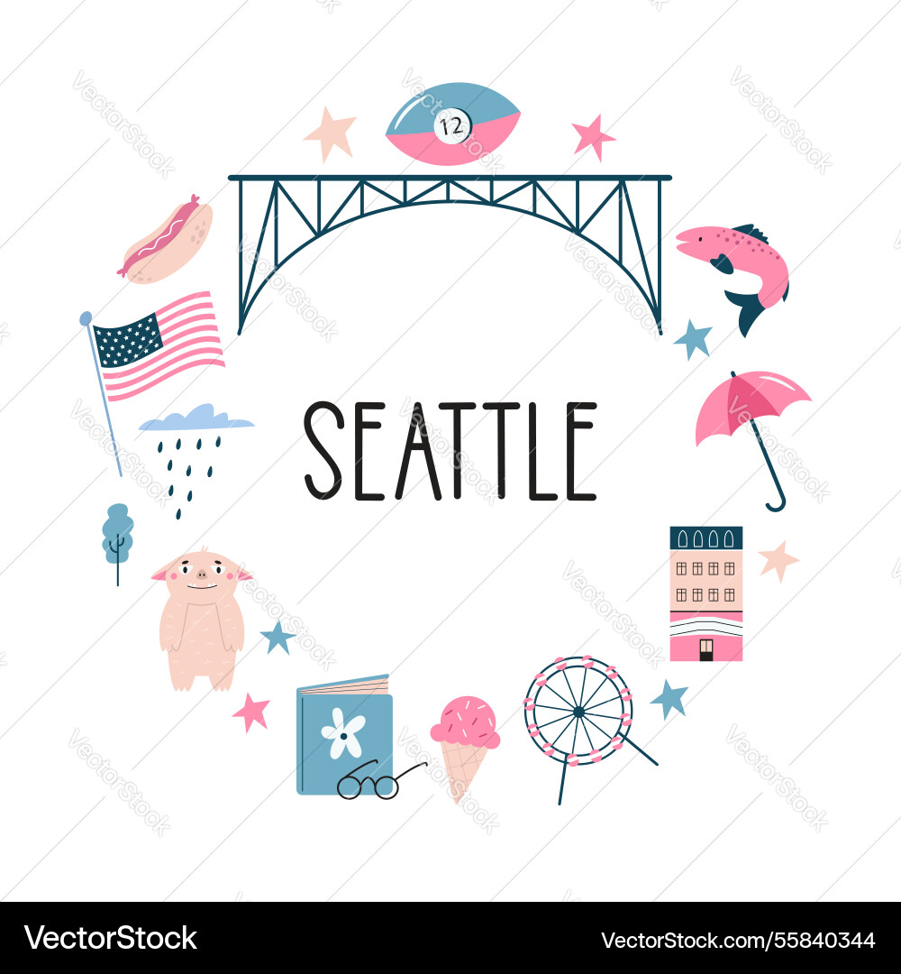 Colorful emblem design with seattle landmarks and Vector Image