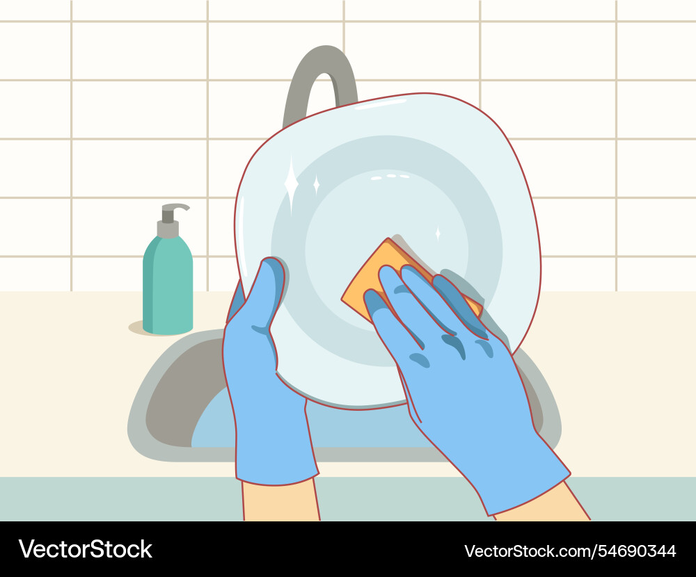 Human hands washing dishes with sponge Royalty Free Vector