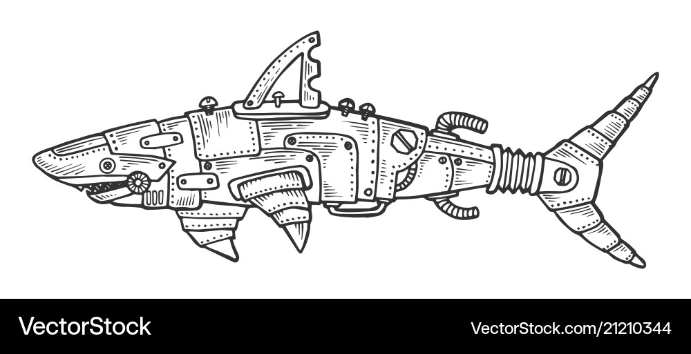 Mechanical shark animal engraving Royalty Free Vector Image