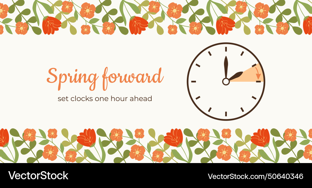 Spring forward floral banner with clock dst Vector Image