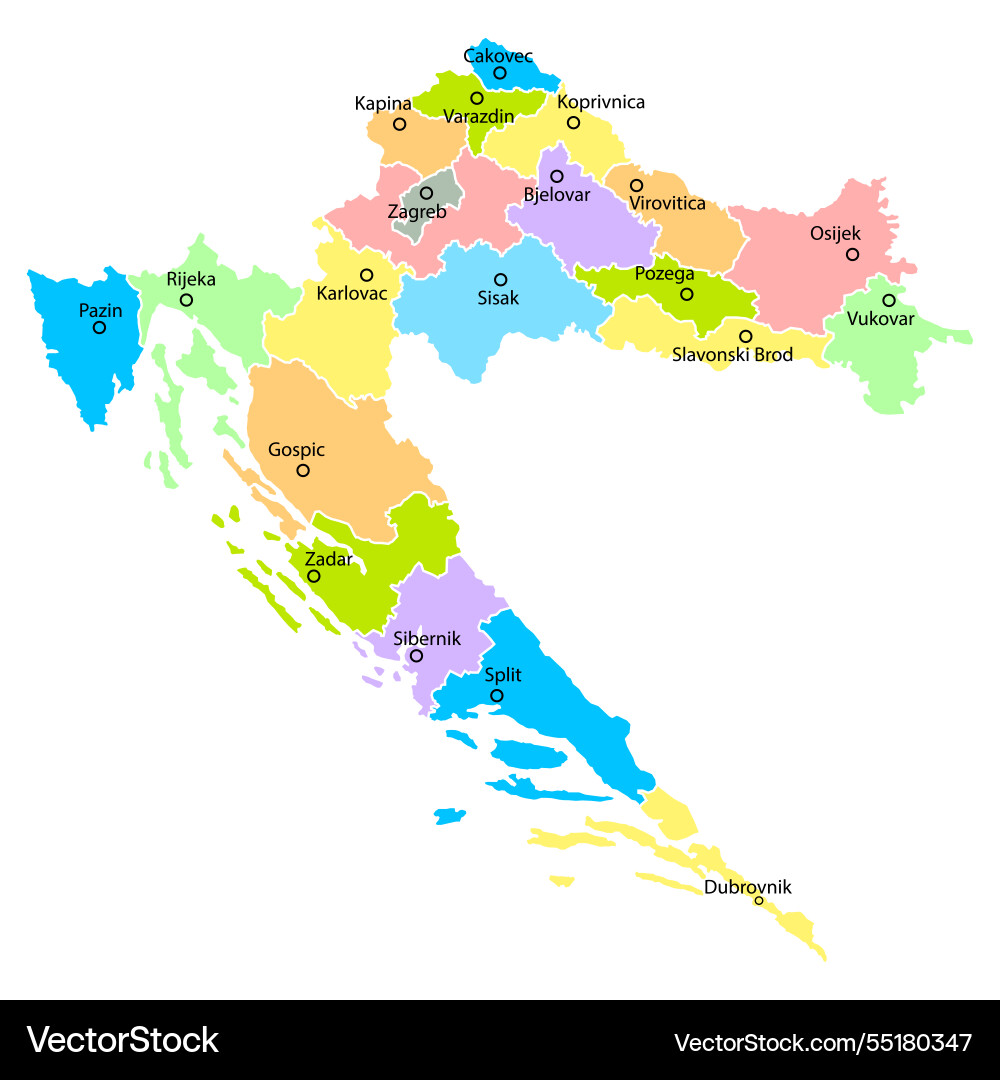 Croatia map with regions cities and colors Vector Image