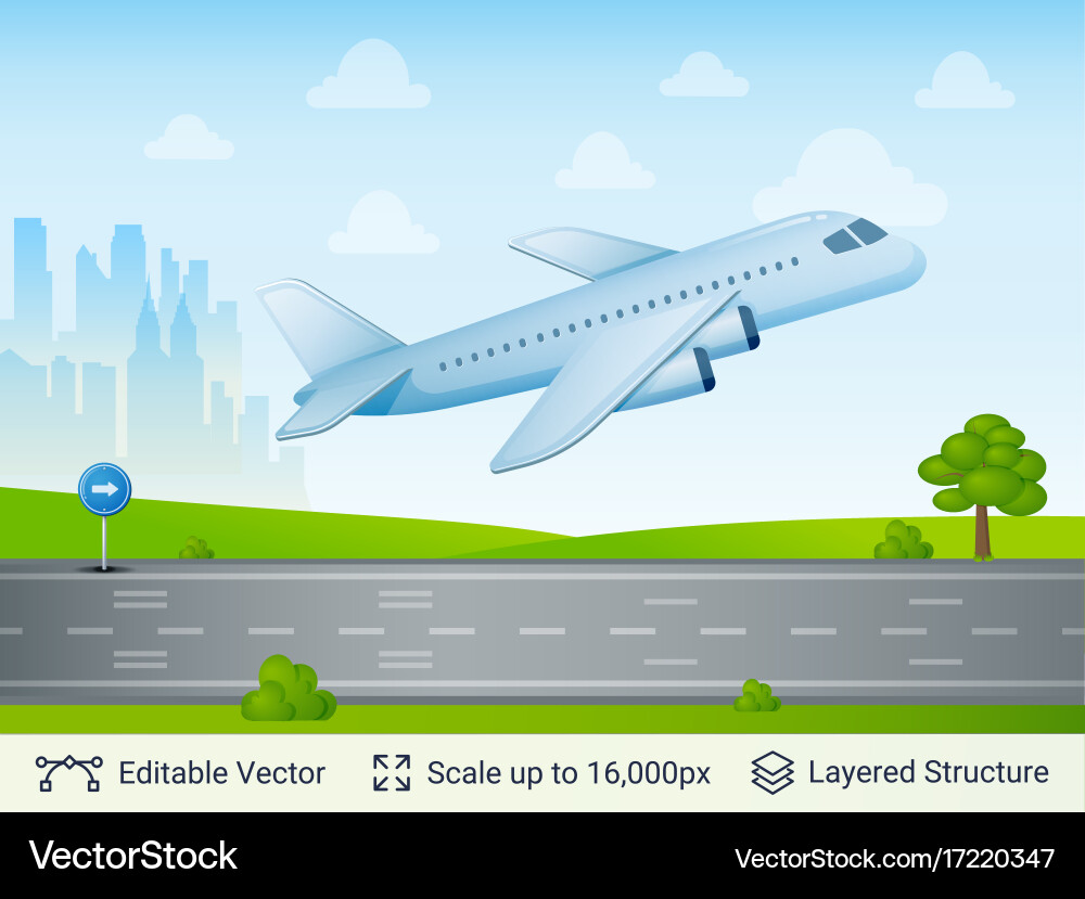 Departing airplane on runway Royalty Free Vector Image