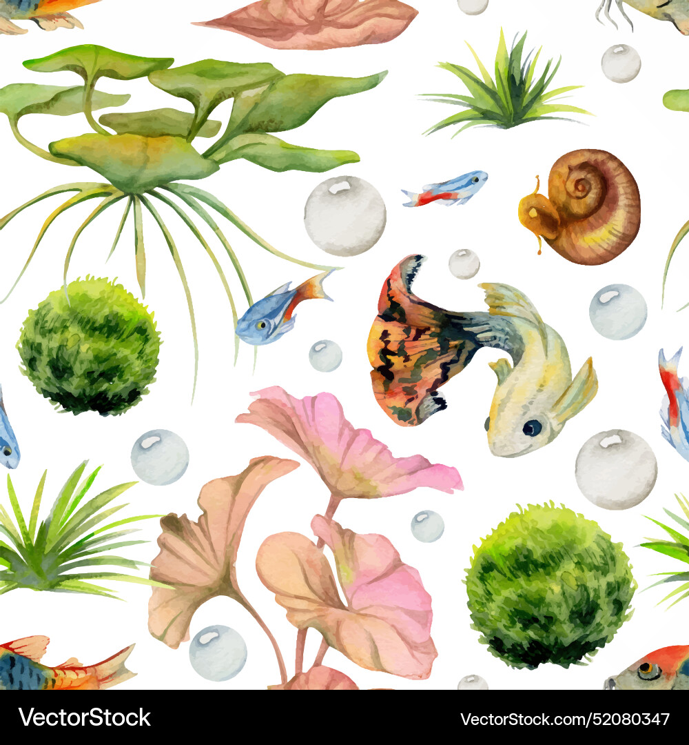 Hand drawn watercolor aquarium fish algae sealife Vector Image