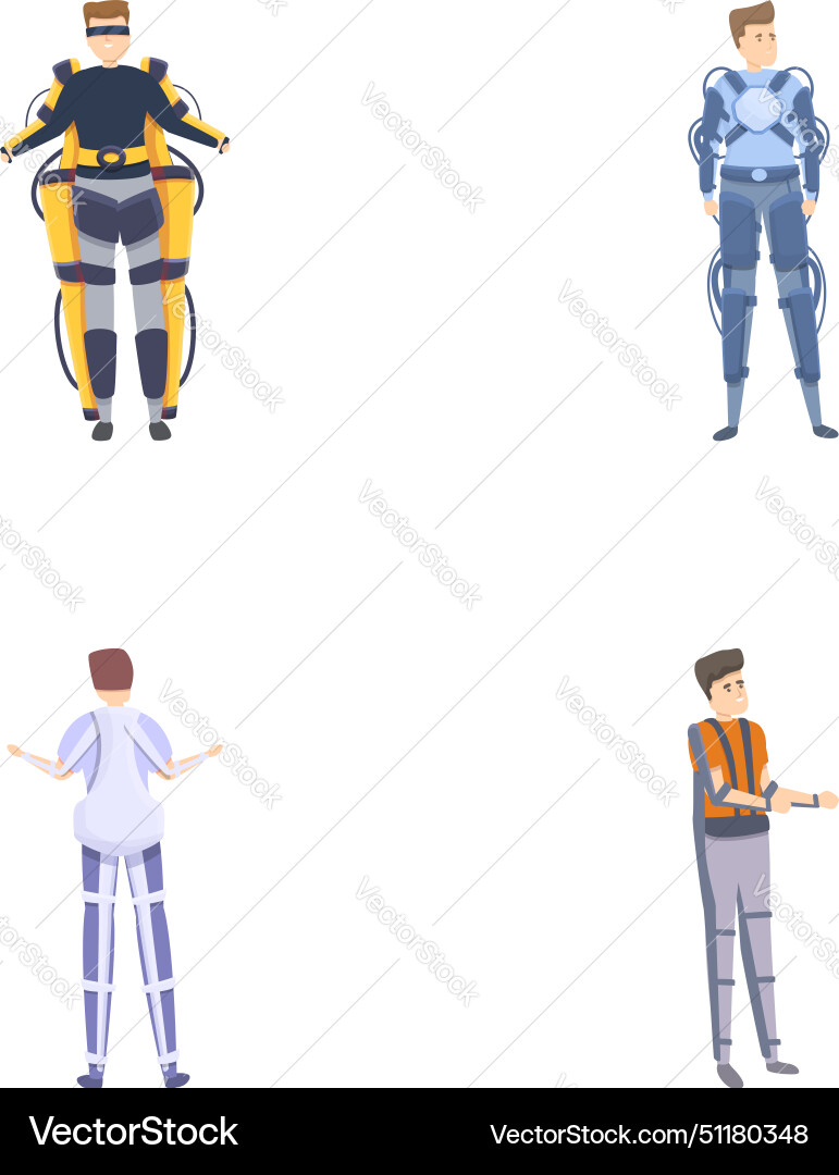Man exoskeleton icons set cartoon Royalty Free Vector Image