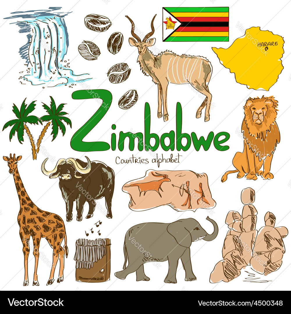Zimbabwe Icons & Alphabet Sketch Royalty Free Vector