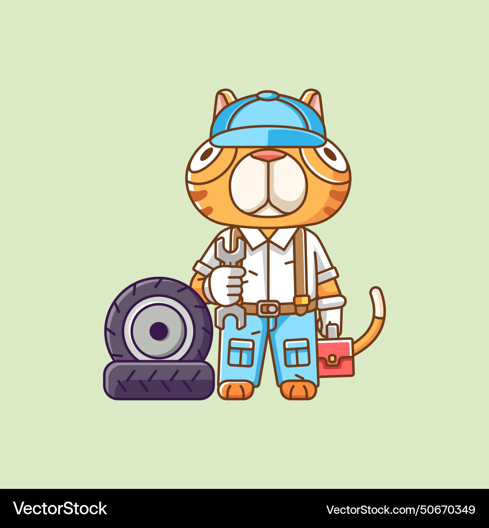 Cute cat mechanic with tool at workshop cartoon Vector Image