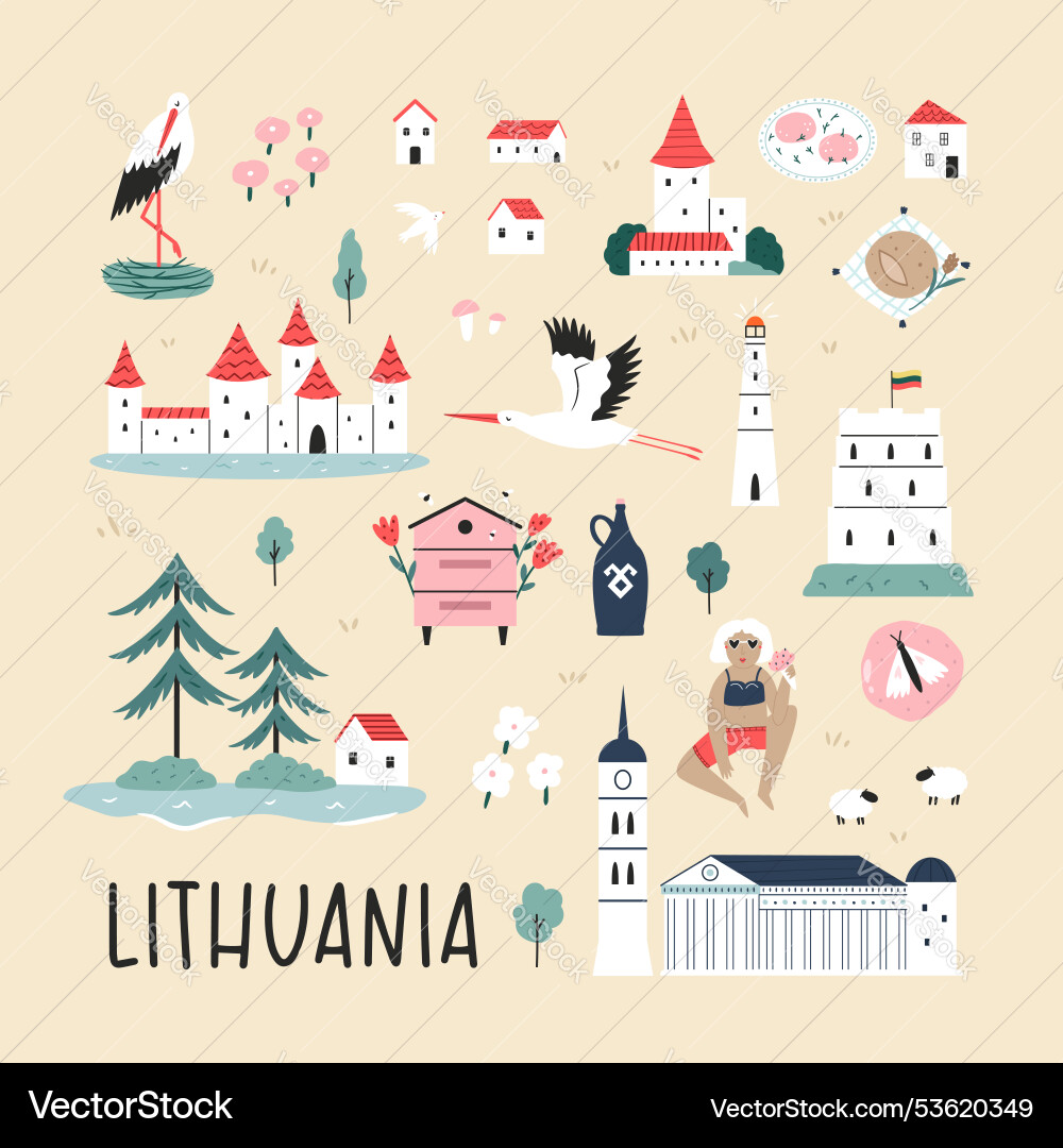 Decorative poster with landmarks of lithuania Vector Image