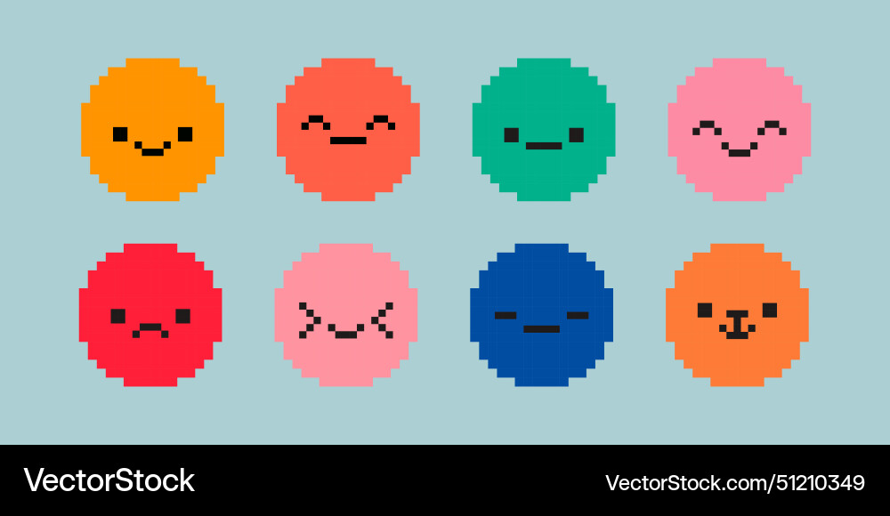 Pixel face set various art faces happy Royalty Free Vector