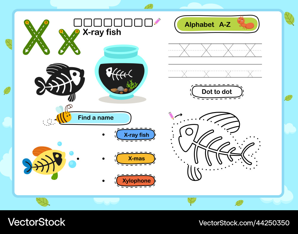 Alphabet letter x-xray fish exercise with cartoon Vector Image