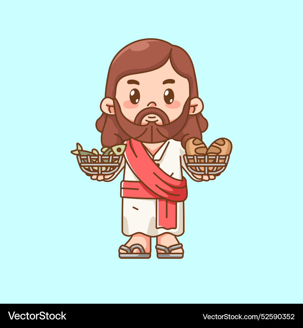 Cute jesus christ god holding bread and fish Vector Image