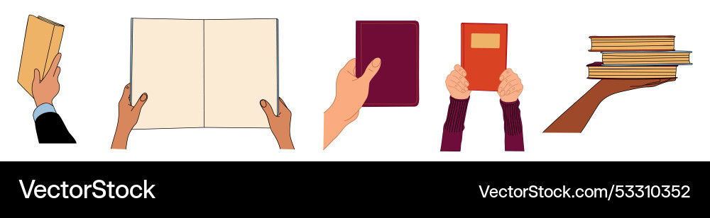 Hands holding giving sharing paper books set Vector Image